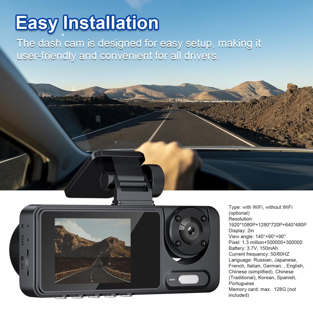 3 Cameras Dash Cam Multi-Language Clear Car Rearview Mirror Car Video Recording Camcorder Wide Angle Car Camera Recorder Auto ty Driving Recorder