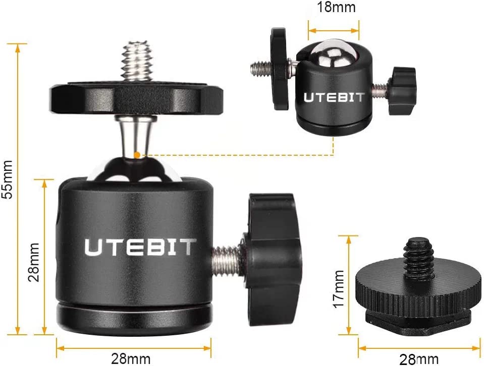 UTEBIT 2 Pack Mini Ball Head with 1/4" Hot Shoe Mount Adapter Max Load 5.5lb 360° Swivel Tripod Ball Head for DSLR Camera Camcorder, Light Bracket