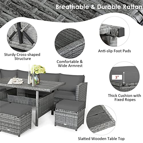 NICEDAYFY 7 PCS Patio Rattan Dining Set Sectional Sofa Couch Ottoman Garden Gray for Yard, Patio, Poolside, Porch, Etc