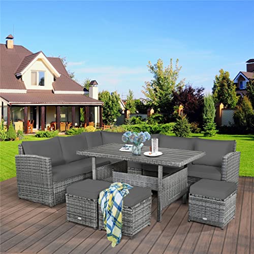 NICEDAYFY 7 PCS Patio Rattan Dining Set Sectional Sofa Couch Ottoman Garden Gray for Yard, Patio, Poolside, Porch, Etc