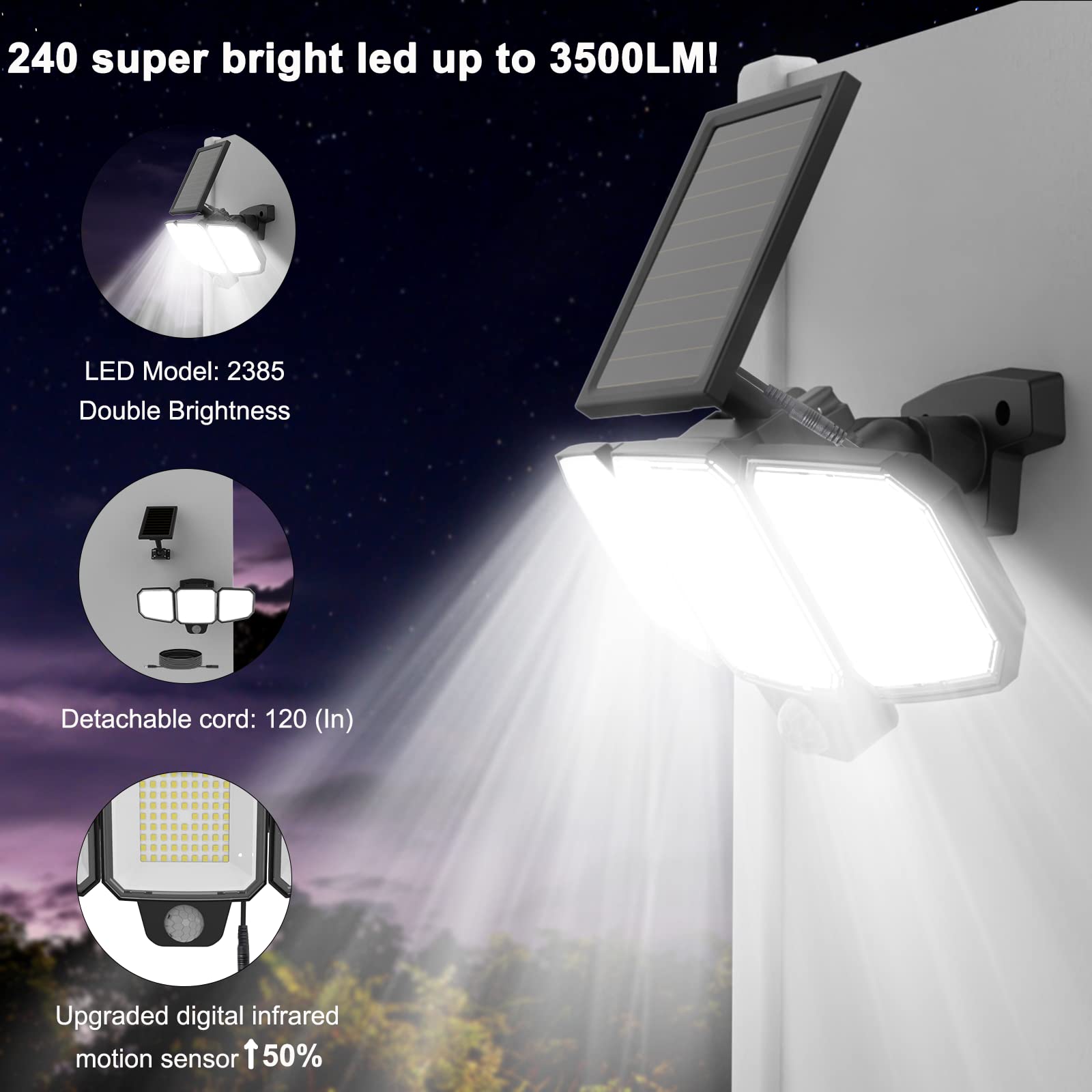 CEOTIS Solar Lights Outdoor, 243 LED 3500LM Motion Sensor Solar Lights for Outside, IP65 Waterproof 3 Heads Security Flood Lights, Separate Solar Panel Remote Control 3 Modes Wall Lights