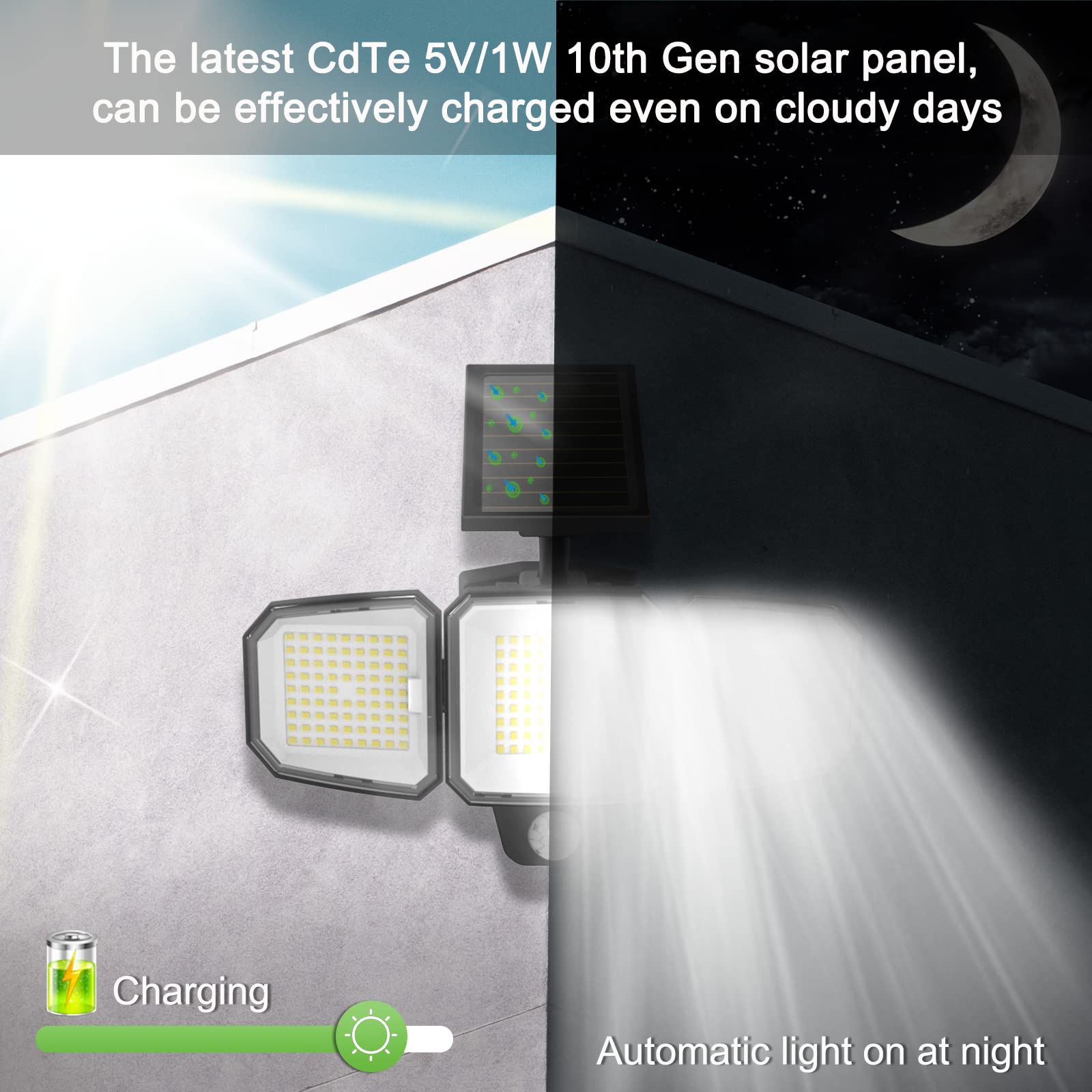 CEOTIS Solar Lights Outdoor, 243 LED 3500LM Motion Sensor Solar Lights for Outside, IP65 Waterproof 3 Heads Security Flood Lights, Separate Solar Panel Remote Control 3 Modes Wall Lights