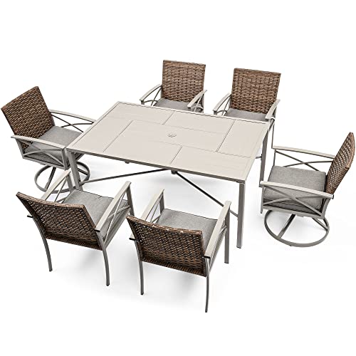 YITAHOME 7-Piece Patio Dining Set, Outdoor Wicker Conversation Furniture with 2 Rocking Chairs, Soft Gray Cushions and Imitation Wood Grain Dining Table for Backyard, Balcony and Garden