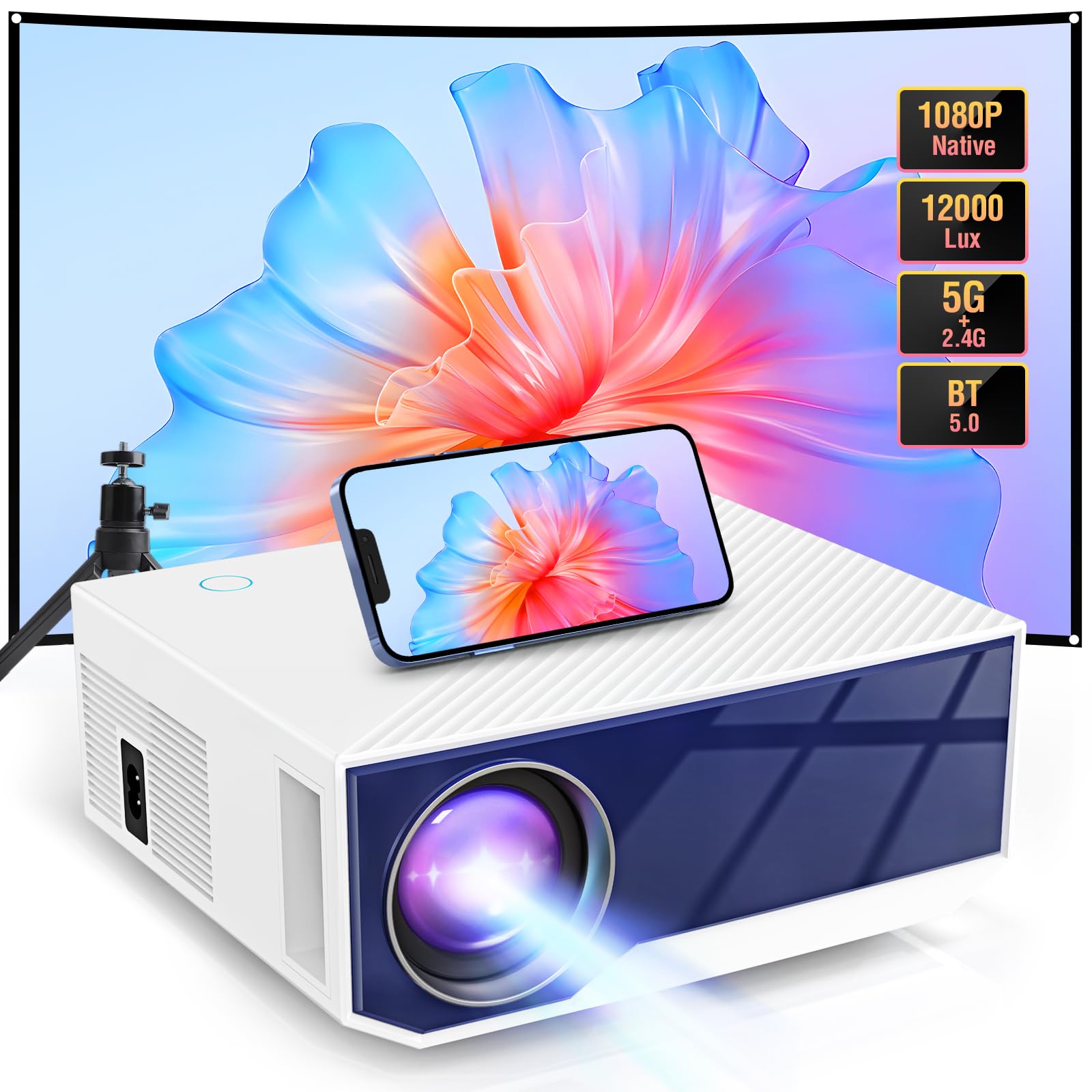 Projector with Wifi and Bluetooth, Native 1080P FHD 15000Lumens Mini Wifi Bluetooth Projector 4K, 300" Display Portable Outdoor Video Iphone Projector for phone Compatible with iOS/ Android/ TV Stick