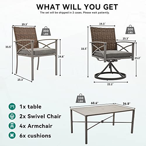 YITAHOME 7-Piece Patio Dining Set, Outdoor Wicker Conversation Furniture with 2 Rocking Chairs, Soft Gray Cushions and Imitation Wood Grain Dining Table for Backyard, Balcony and Garden