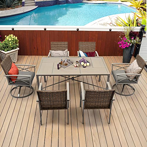 YITAHOME 7-Piece Patio Dining Set, Outdoor Wicker Conversation Furniture with 2 Rocking Chairs, Soft Gray Cushions and Imitation Wood Grain Dining Table for Backyard, Balcony and Garden
