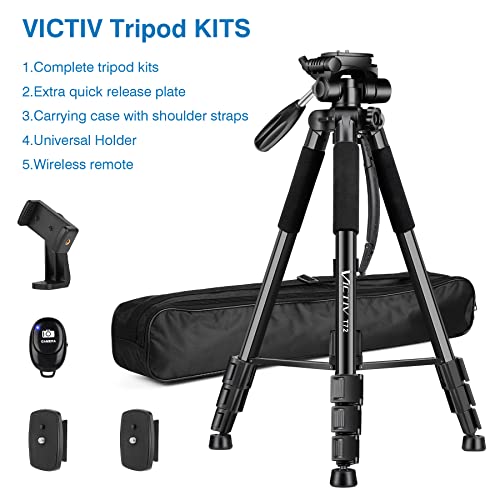 Victiv 72-inch Camera Tripod Aluminum Monopod T72 Max. Height 182 cm - Lightweight and Compact for Travel with 3-Way Swivel Head and 2 Quick Release Plates for Canon Nikon DSLR Video Shooting - Black