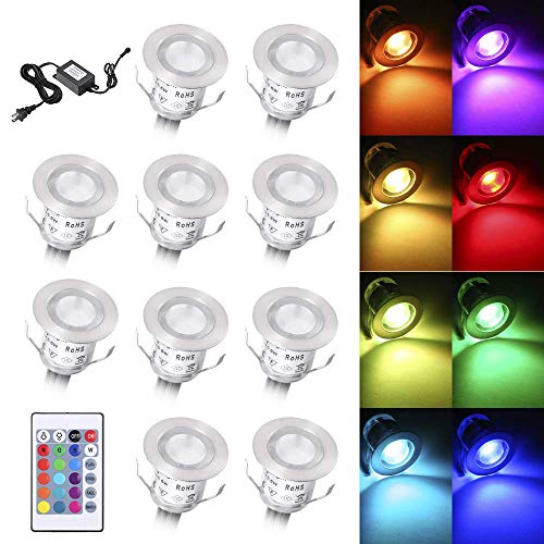 Lixada Recessed LED Deck Light 16 RGBW Colors/4 Lighting Modes Remote Control IP67 Waterproof LED in Ground Lights for Outdoor Yard Garden Stair Patio Pool Deck Kitchen -10Pack - RGBW Colors (30mm)