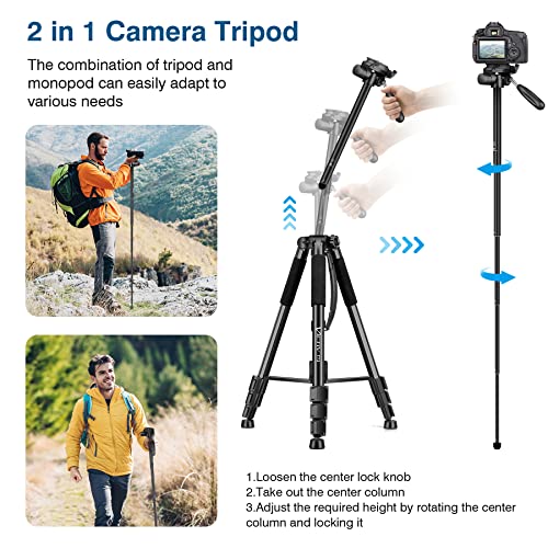 Victiv 72-inch Camera Tripod Aluminum Monopod T72 Max. Height 182 cm - Lightweight and Compact for Travel with 3-Way Swivel Head and 2 Quick Release Plates for Canon Nikon DSLR Video Shooting - Black