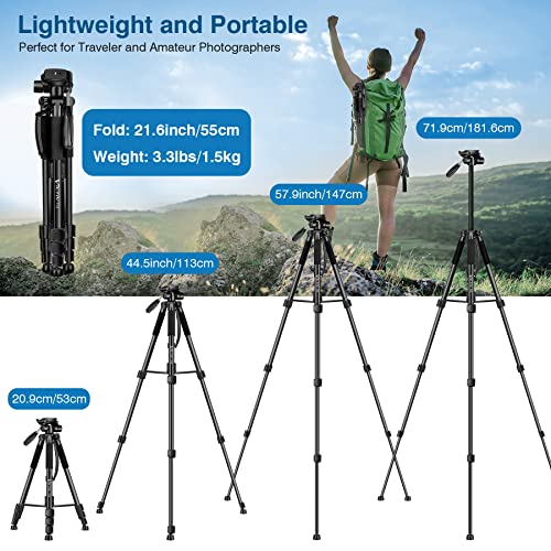 Victiv 72-inch Camera Tripod Aluminum Monopod T72 Max. Height 182 cm - Lightweight and Compact for Travel with 3-Way Swivel Head and 2 Quick Release Plates for Canon Nikon DSLR Video Shooting - Black