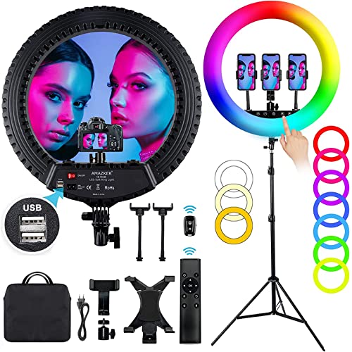 18 inch RGB Ring Light Kit AMAZKER LED with Stand and Phone iPad Holder 25 Color Modes 3000-6000K Dimmable 10 Brightness Level Up to 5000 Lux Circle Light for Live Stream/Makeup/YouTube/Vlog/Tiktok