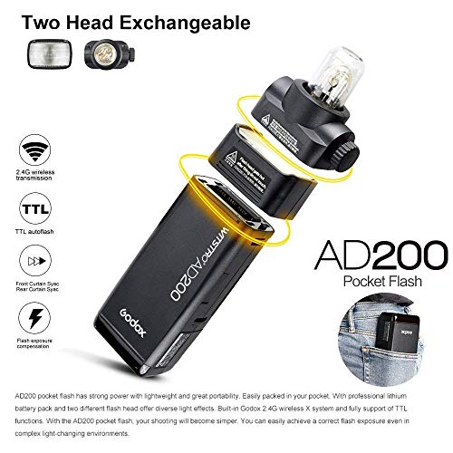 Godox AD200 TTL Flash Strobe, 200Ws 2.4G Pocket Flash Speedlite, 1/8000 HSS Monolight with 2900mAh Lithium Battery, Bare Bulb Flash Head to Provide 500 Full Power Flashes, Recycle in 0.01-2.1s