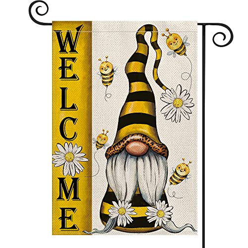 AVOIN colorlife Summer Welcome Bee Gnome Garden Flag Double Sided 12x18 Inch, Holiday Party Yard Outdoor Decoration