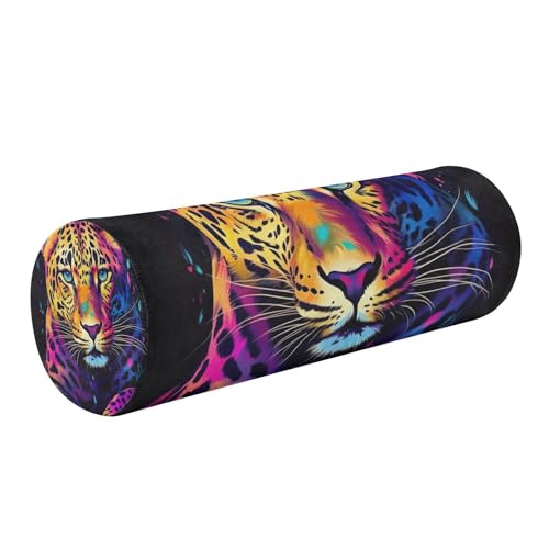 xigua Colourful Leopard Neck Roll Pillow for Neck Relief with Removable Washable Cover - Memory Foam Round Cylinder Bolster, Ergonomically Designed for Head, Neck, Back, and Legs