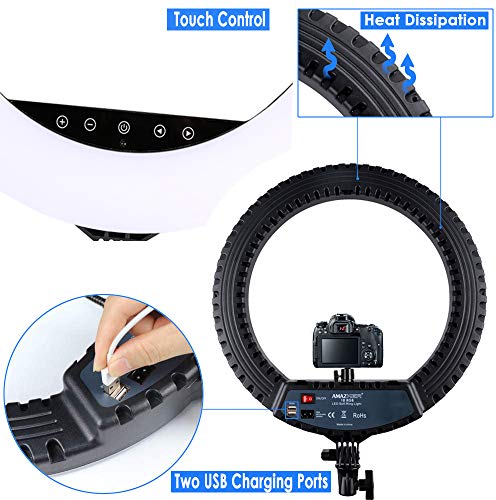 18 inch RGB Ring Light Kit AMAZKER LED with Stand and Phone iPad Holder 25 Color Modes 3000-6000K Dimmable 10 Brightness Level Up to 5000 Lux Circle Light for Live Stream/Makeup/YouTube/Vlog/Tiktok