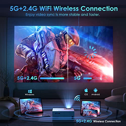 YOWHICK Native 1080P 5G WiFi Bluetooth Projector 4K Support, 15000L 350 ANSI Outdoor Movie Projector with Screen and 300" Display, Video Projector Compatible w/iOS/Android/Win/TV/PS5, White