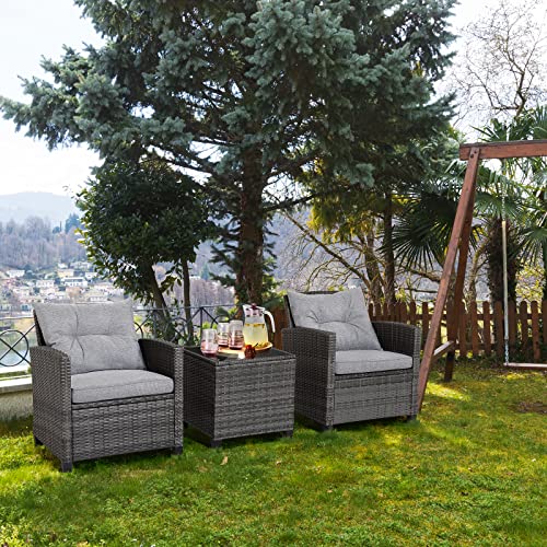 RELAX4LIFE Wicker Patio Furniture Sets - 3 Pieces Patio Rattan Sofa Set, Outdoor Conversation Set with Tempered Glass Tabletop, Heavy-Duty Steel Frame, Wicker Chair Set for Poolside, Backyard, Grey