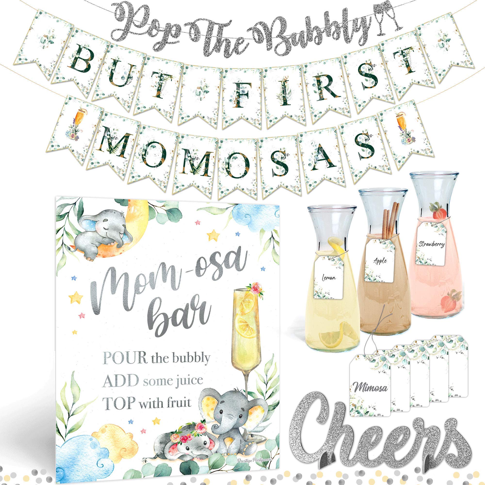 Elegant Mimosa Bubbly Bar Kit - Black and White Champagne Brunch Decorations for Birthday Galentine's Day Bridal Brunch Baby Shower Supplies Red Wine Women Adult Games, Silver Bubble Banner Sign (Red)
