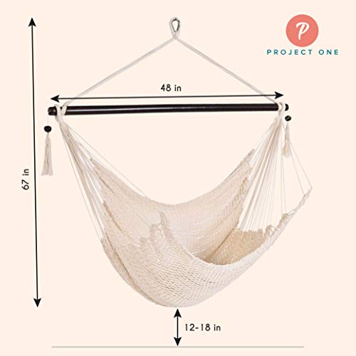 Project One Caribbean Double Hanging Hammock Chair with Soft-Spun Polyester Rope, Max 330 LBS, with Full Hanging Kit Great for Indoor, Outdoor, Home, Patio, Yard, Garden 48 Inch (Cream)