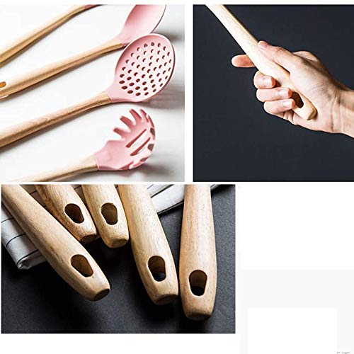 LMMDP Wooden Handle Silica Gel Cooker Non-stick Pan Household Kitchen Utensils Cooking Spoon Shovel Set