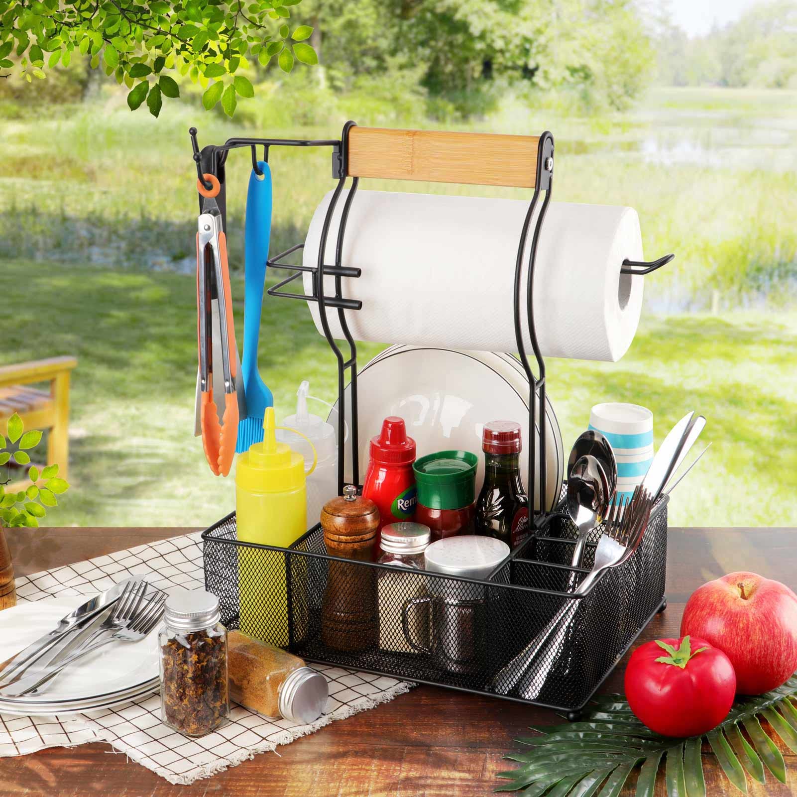 FANGSUN Large Grill Utensil Caddy, Picnic Condiment Caddy, BBQ Organizer for Camping Outdoor Mesh Basket with 3 Hanging Hooks and Paper Towel Holder, Ideal Table Storage Tools for Paper Plate Cutlery
