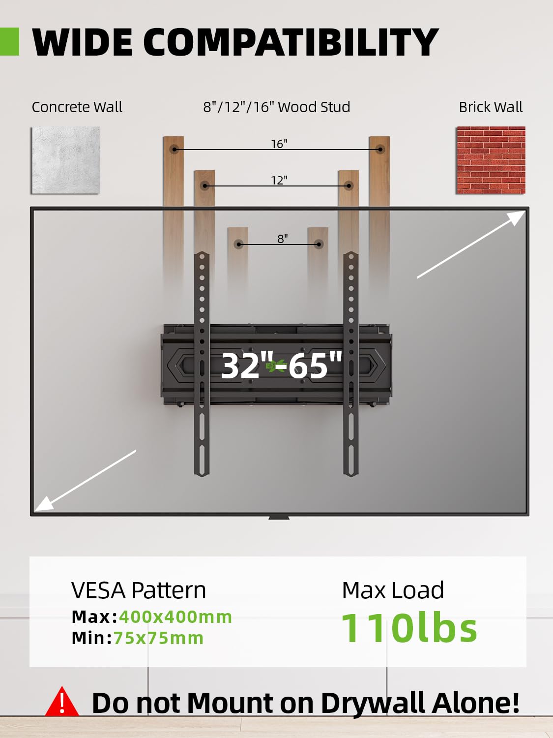 USX MOUNT Full Motion TV Wall Mount for Most 32-65 inch Flat Screen/LED/4K TVs, Swivel/Tilt TV Mount Bracket with Articulating Dual Arms Max VESA 400x400mm, Holds up to 110lbs, for 16" Wood Stud.