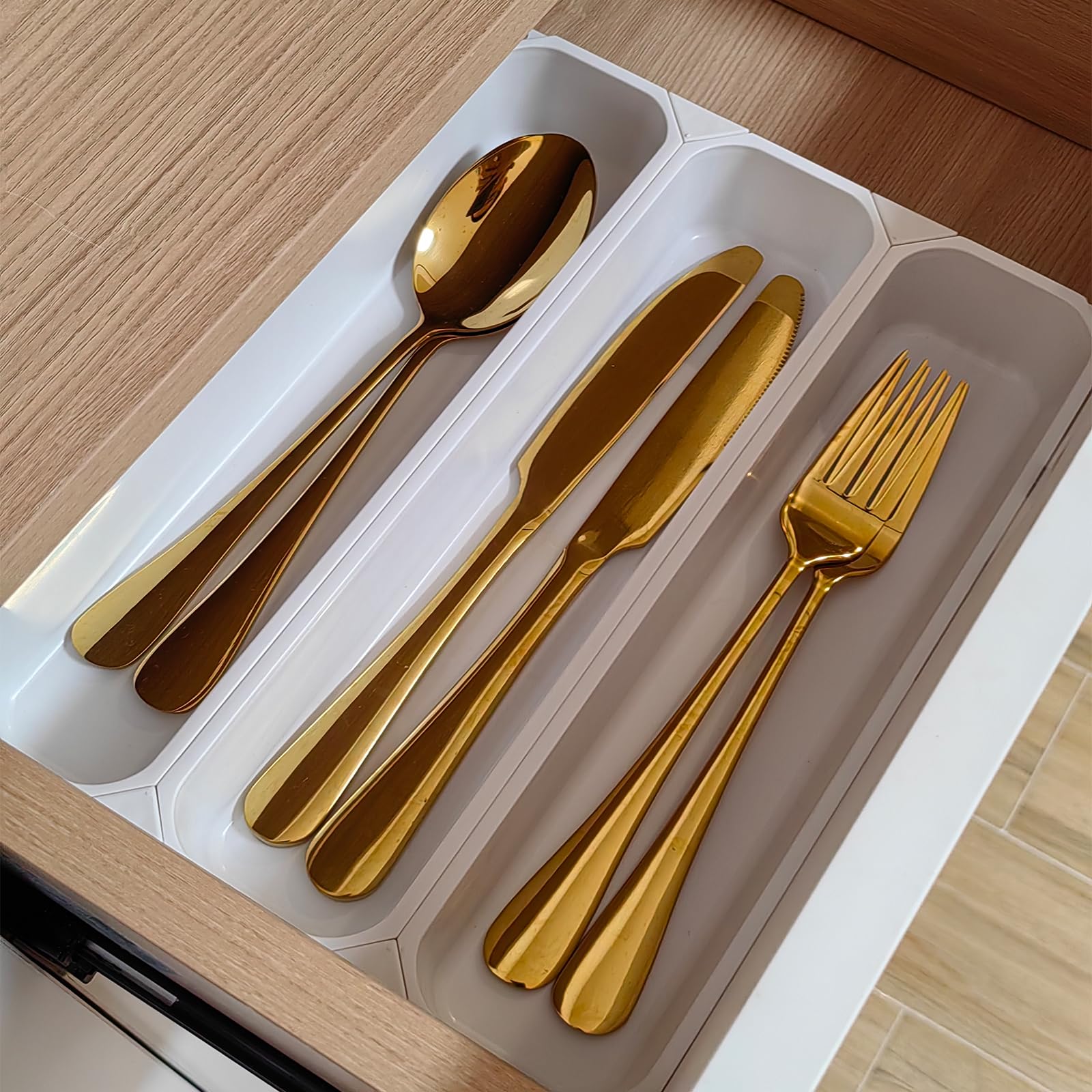 TUNGTAR custom silverware drawer tray small drawer organizer for utensils holder 7.5 inches cutlery tray, DIY organizer for silverware, flatware, knives in Kitchen, Bedroom white 3in1 (White, Small)