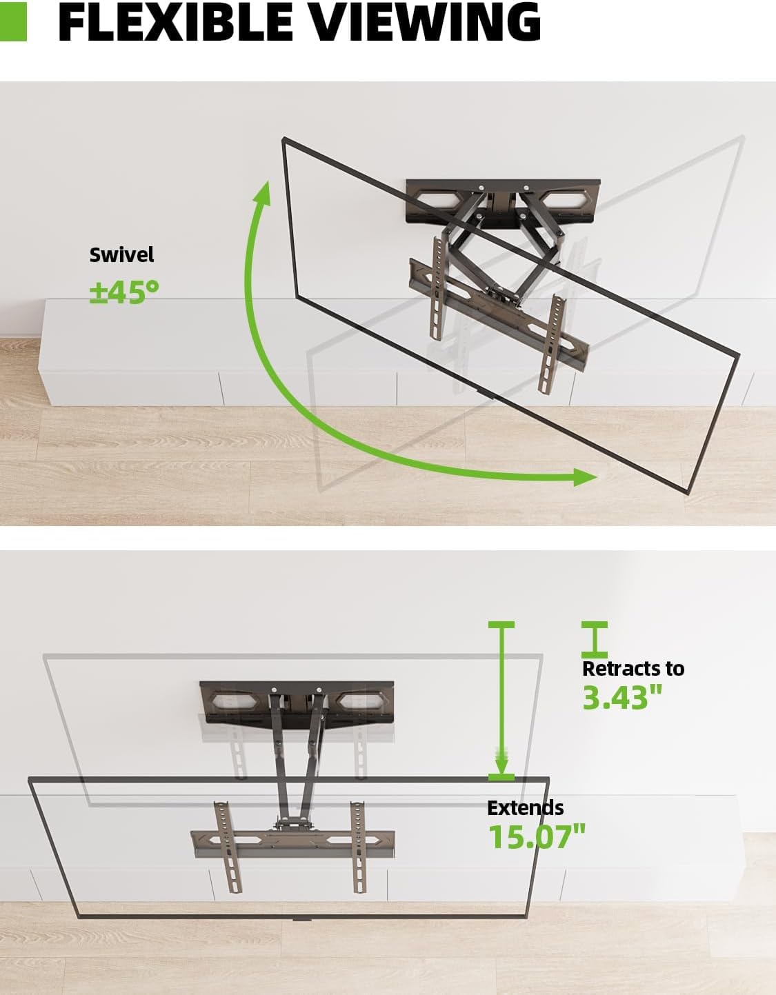 USX MOUNT Full Motion TV Wall Mount for Most 32-65 inch Flat Screen/LED/4K TVs, Swivel/Tilt TV Mount Bracket with Articulating Dual Arms Max VESA 400x400mm, Holds up to 110lbs, for 16" Wood Stud.