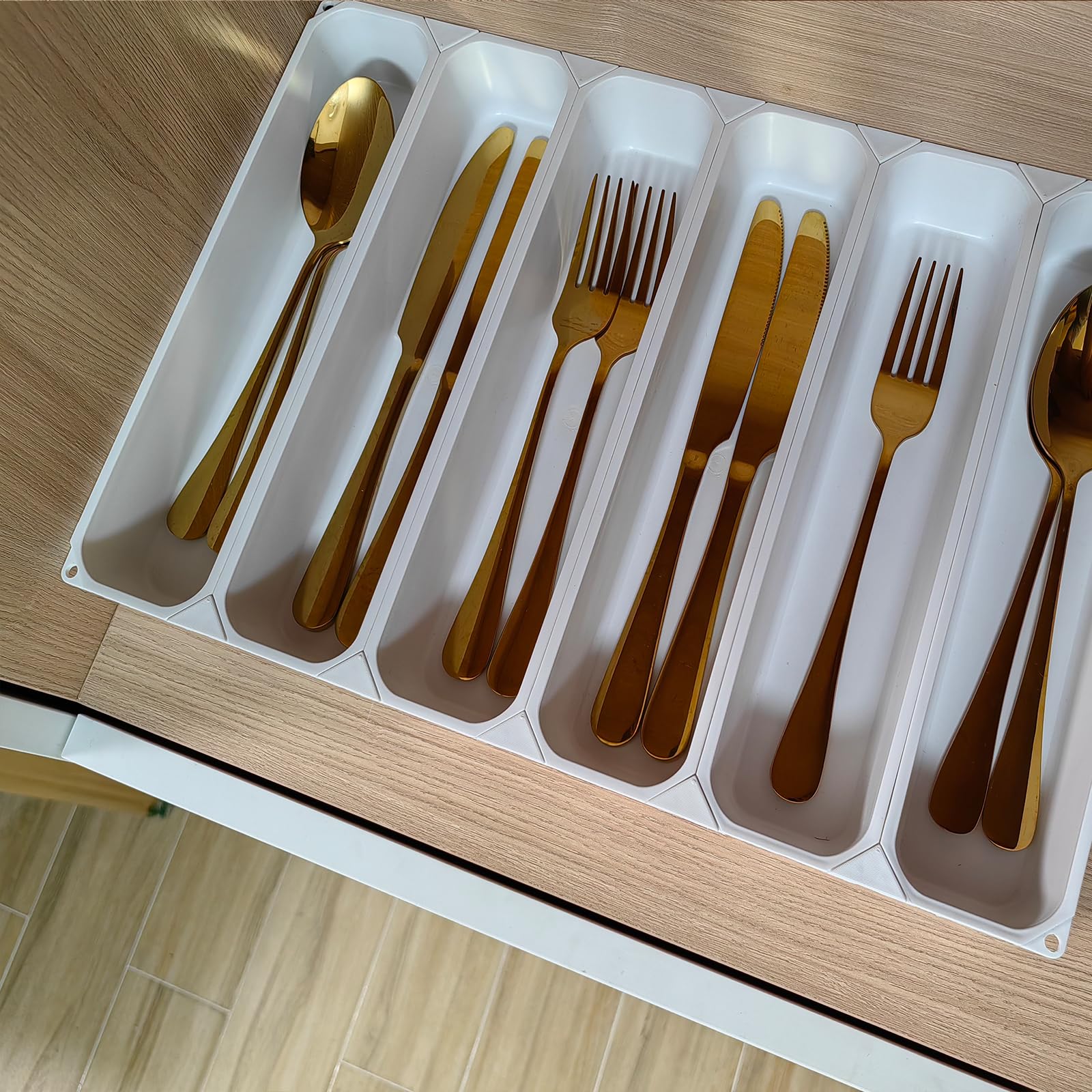 TUNGTAR custom silverware drawer tray small drawer organizer for utensils holder 7.5 inches cutlery tray, DIY organizer for silverware, flatware, knives in Kitchen, Bedroom white 3in1 (White, Small)