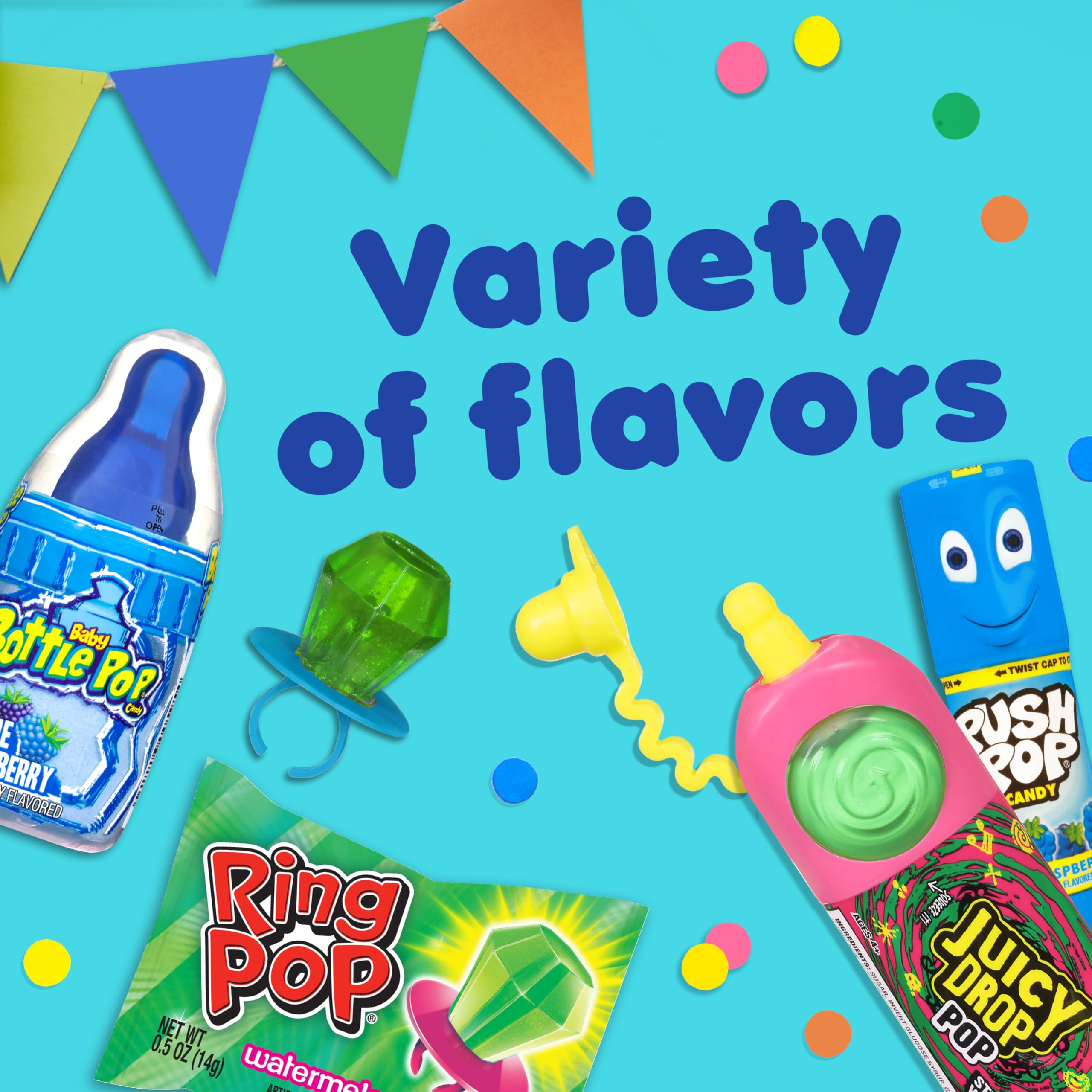 Bazooka Candy Brands Easter Candy Box - 18 Count Lollipops W/ Assorted Flavors From Ring Pop, Push Pop, Baby Bottle Pop & Juicy Drop - Easter Candy Gift Box for Easter Parties & Easter Egg Hunts