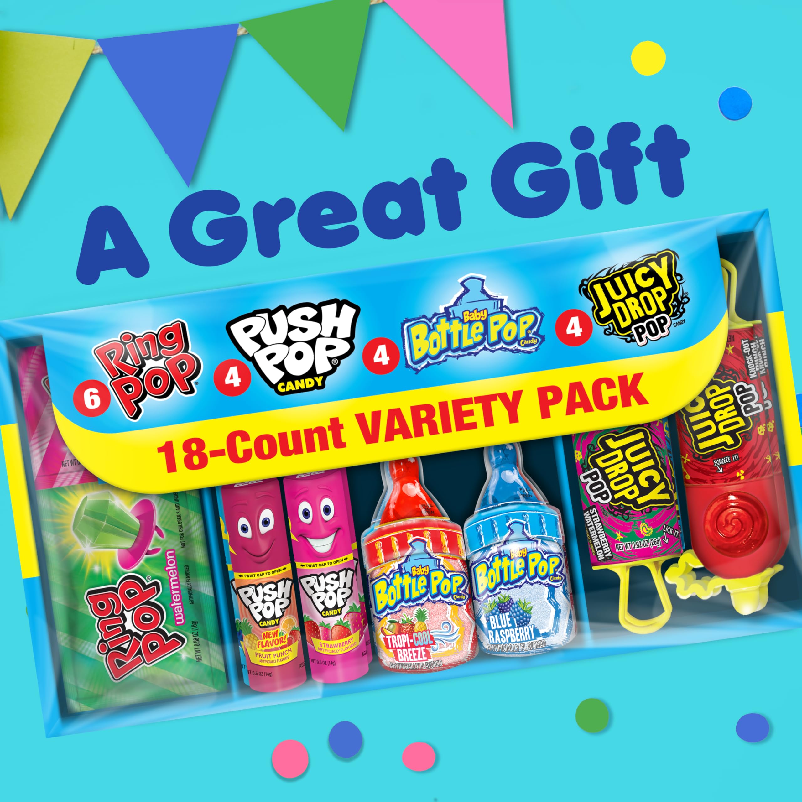 Bazooka Candy Brands Easter Candy Box - 18 Count Lollipops W/ Assorted Flavors From Ring Pop, Push Pop, Baby Bottle Pop & Juicy Drop - Easter Candy Gift Box for Easter Parties & Easter Egg Hunts
