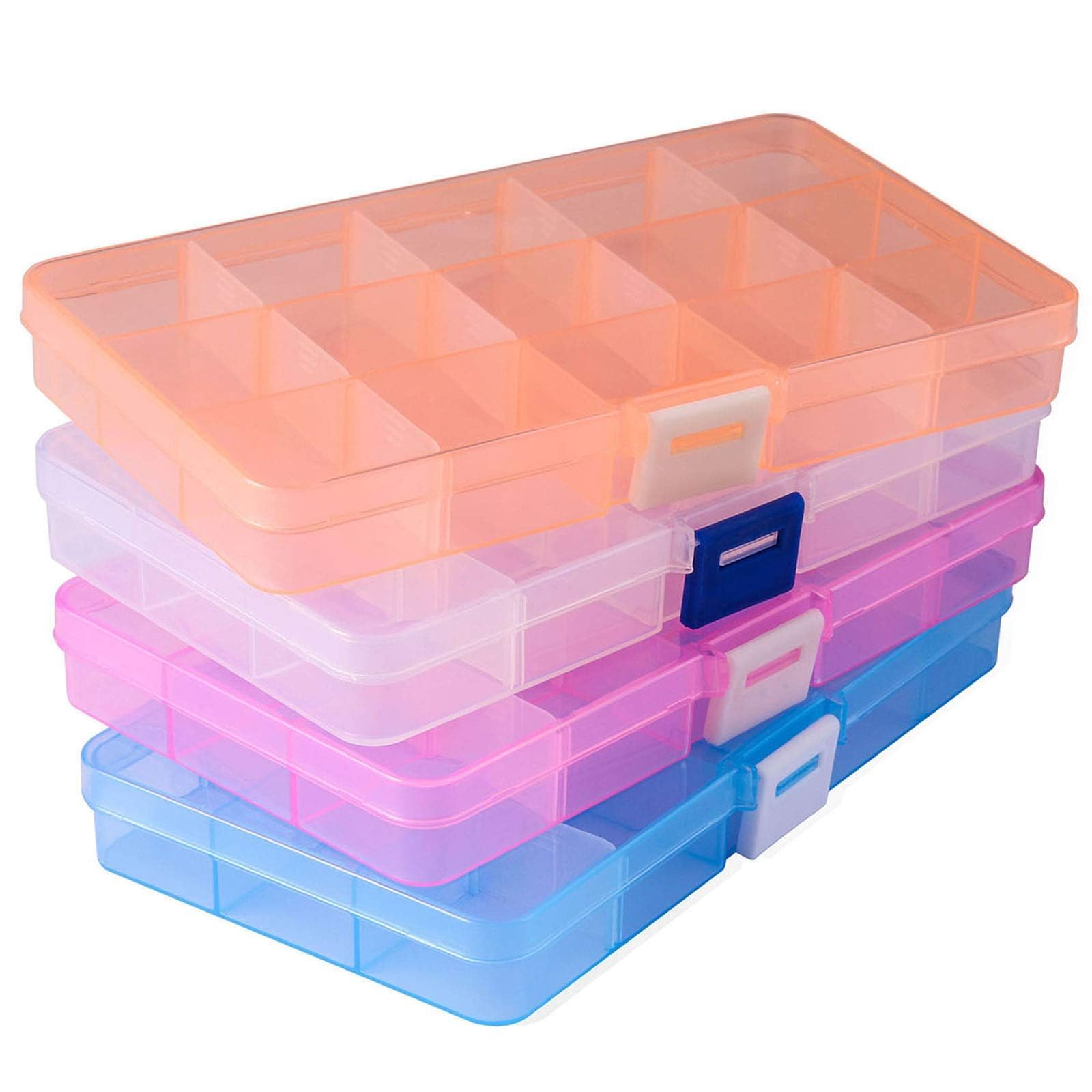 Opret Jewelry Organizer(4 Pack), SMALL Plastic Jewelry Box(15 grids) with Movable Dividers Earring Storage Containers, Size 6.9×3.9×0.9in