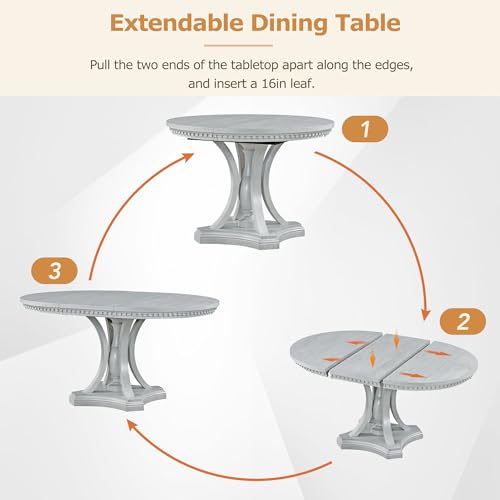 UBGO 5-Piece, Kitchen Room Sets with Wooden Round Extendable Table and 4 Upholstered Dining Chairs-Antique Gray