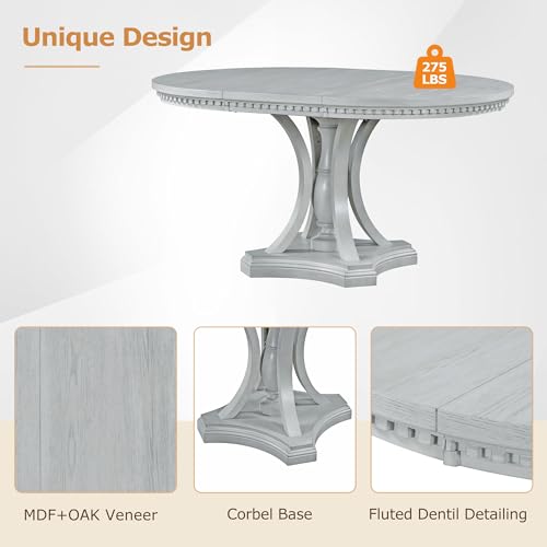 UBGO 5-Piece, Kitchen Room Sets with Wooden Round Extendable Table and 4 Upholstered Dining Chairs-Antique Gray