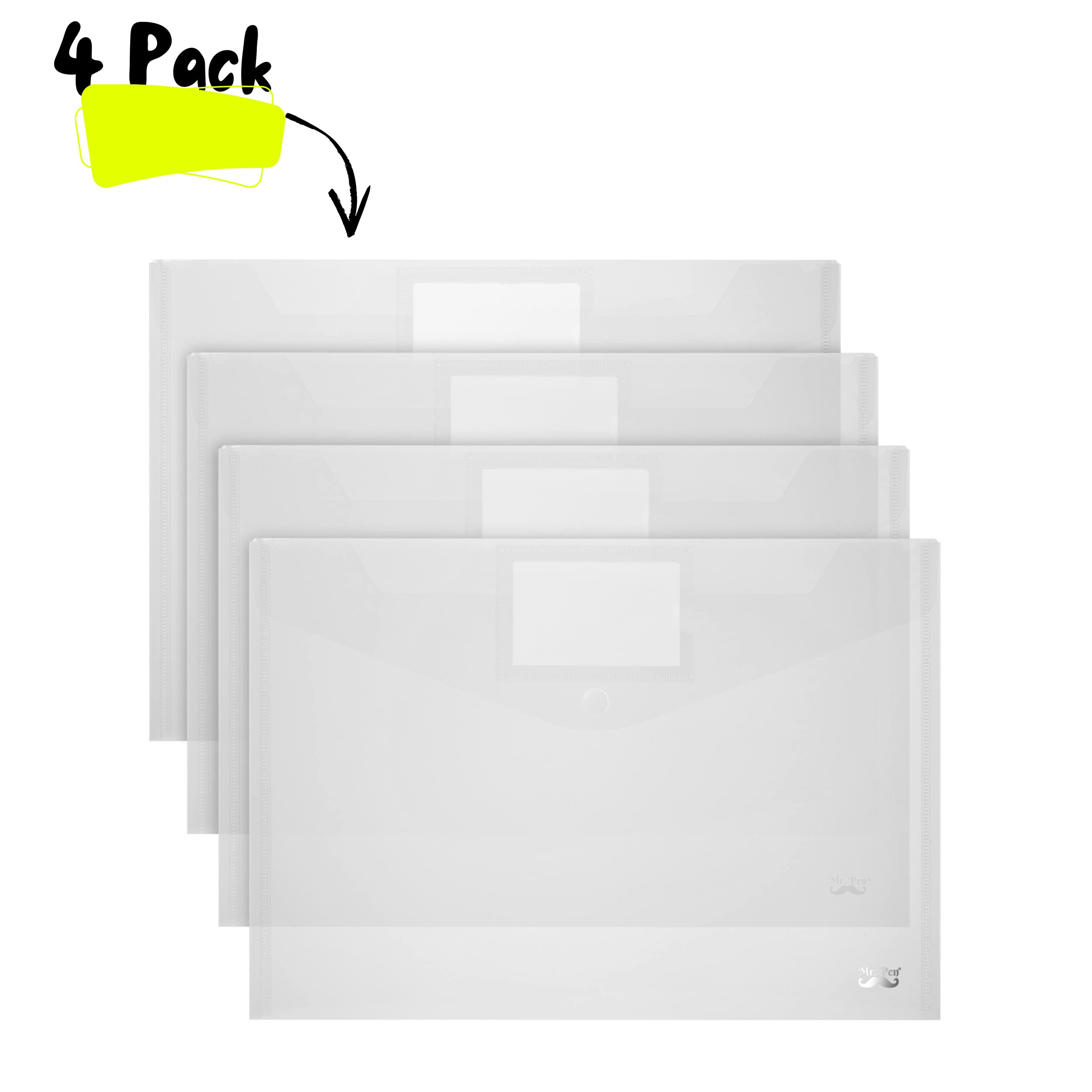 Mr. Pen- Clear Plastic Envelopes, 4 Pack, A4, Letter Size, Plastic Envelopes with Snap Closure, Poly Envelopes, Clear Plastic Folders, Plastic Document Holder, Plastic Envelopes, Clear Envelopes.