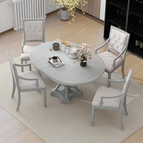 UBGO 5-Piece, Kitchen Room Sets with Wooden Round Extendable Table and 4 Upholstered Dining Chairs-Antique Gray