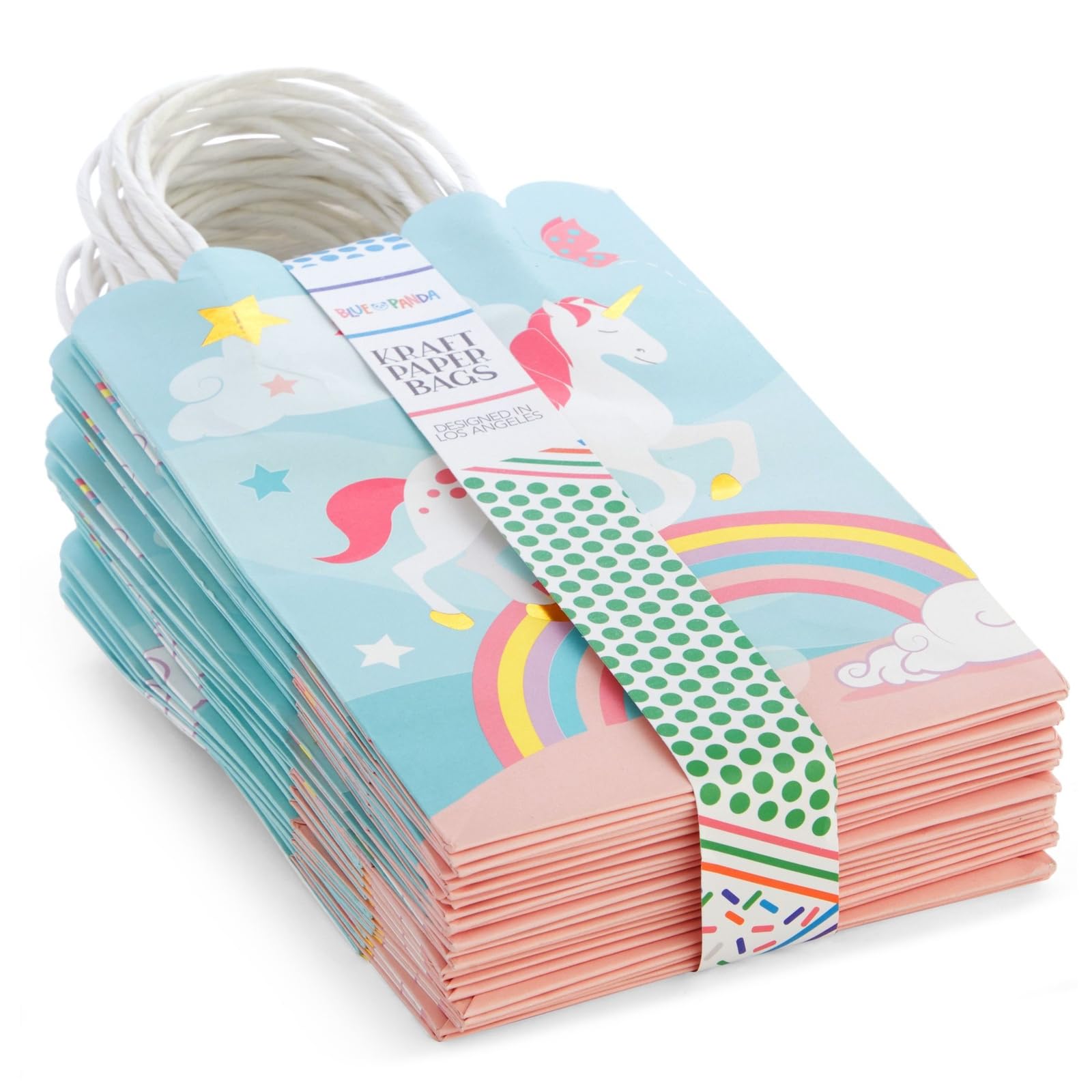 BLUE PANDA 24 Pack Small Unicorn Favor Bags with Handles, Pastel Rainbow Birthday Party Decorations (5.5 x 8.6 x 3 In)