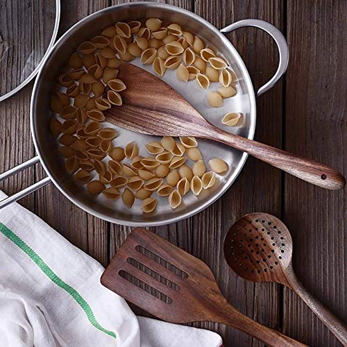 LMMDP Wooden Utensils Set of 6, Large Kitchen Cooking Utensil for Non Stick Cookware, Natural Teak Wood Spoons Spatula Ladle Colander