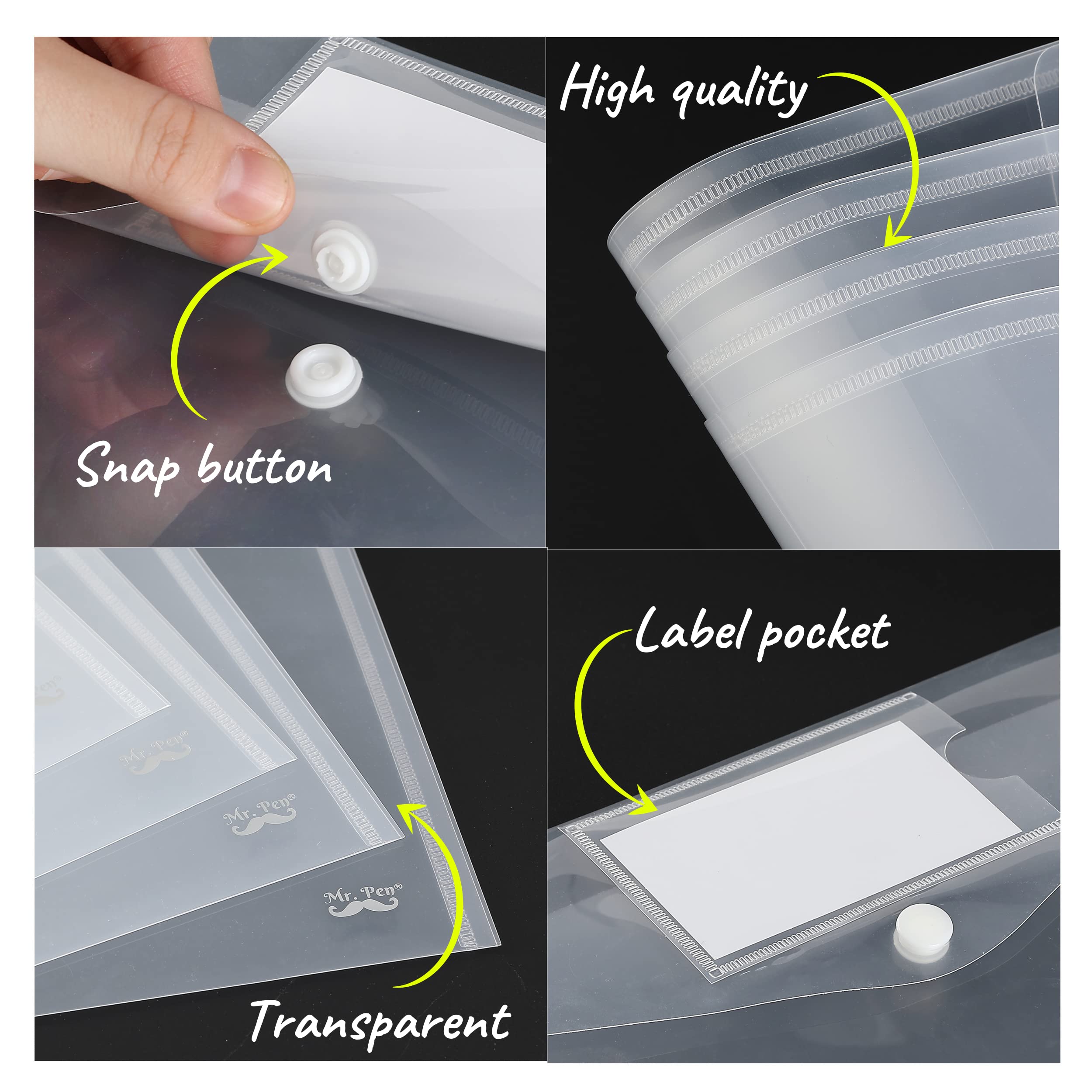 Mr. Pen- Clear Plastic Envelopes, 4 Pack, A4, Letter Size, Plastic Envelopes with Snap Closure, Poly Envelopes, Clear Plastic Folders, Plastic Document Holder, Plastic Envelopes, Clear Envelopes.