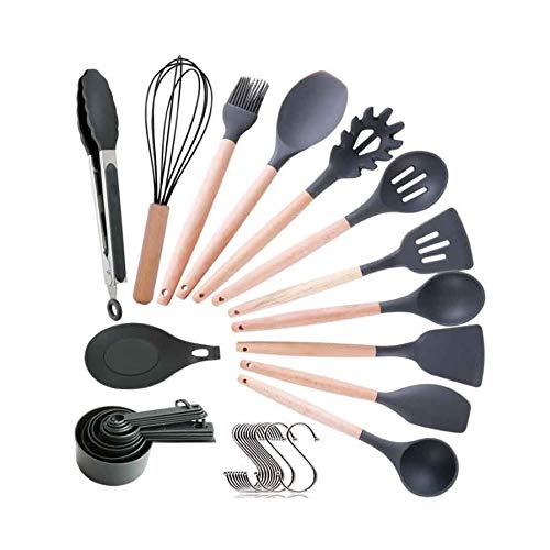 LMMDP Beech Silicone Kitchen Tools Set Cooking Tools Utensils Set Spatula Shovel Soup Spoon with Wooden Handle Special Heat-resistant Design