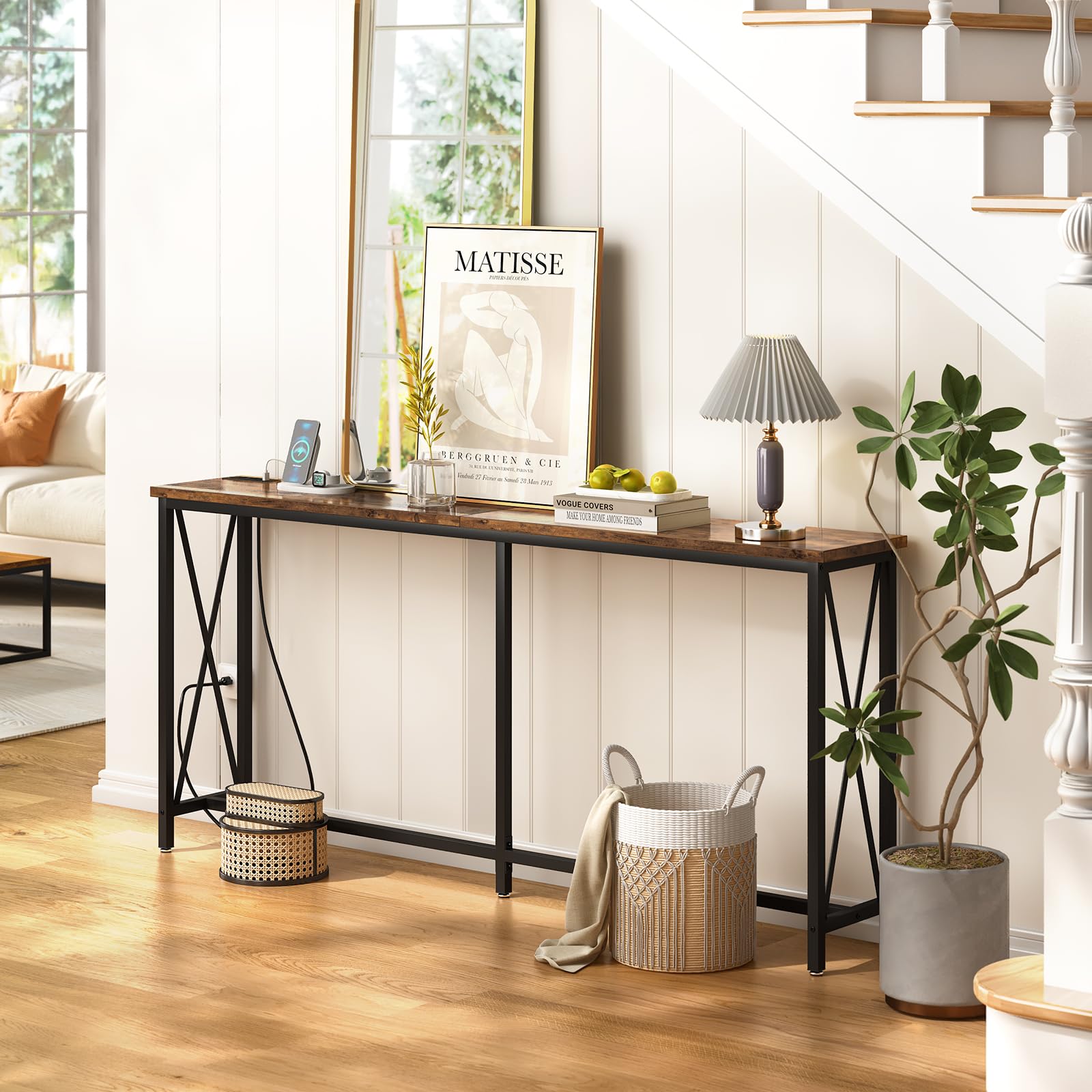 SUPERJARE 70.9 Inch Console Table with 2 Outlet and 2 USB Ports, Extra Long Entryway Table with Metal Frame and X-Shaped Design, Narrow Sofa Table for Living Room and Hallway - Vintage Brown