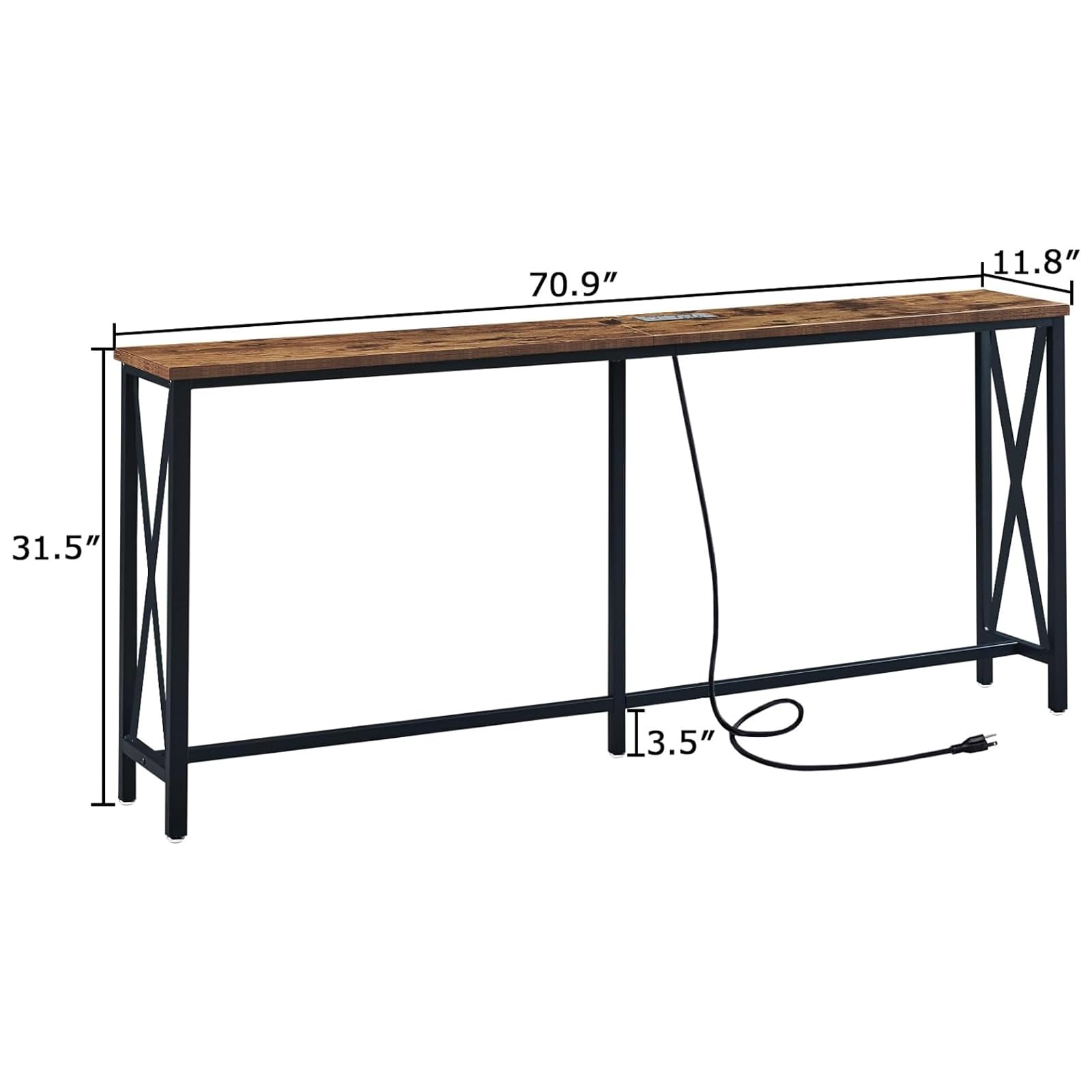 SUPERJARE 70.9 Inch Console Table with 2 Outlet and 2 USB Ports, Extra Long Entryway Table with Metal Frame and X-Shaped Design, Narrow Sofa Table for Living Room and Hallway - Vintage Brown