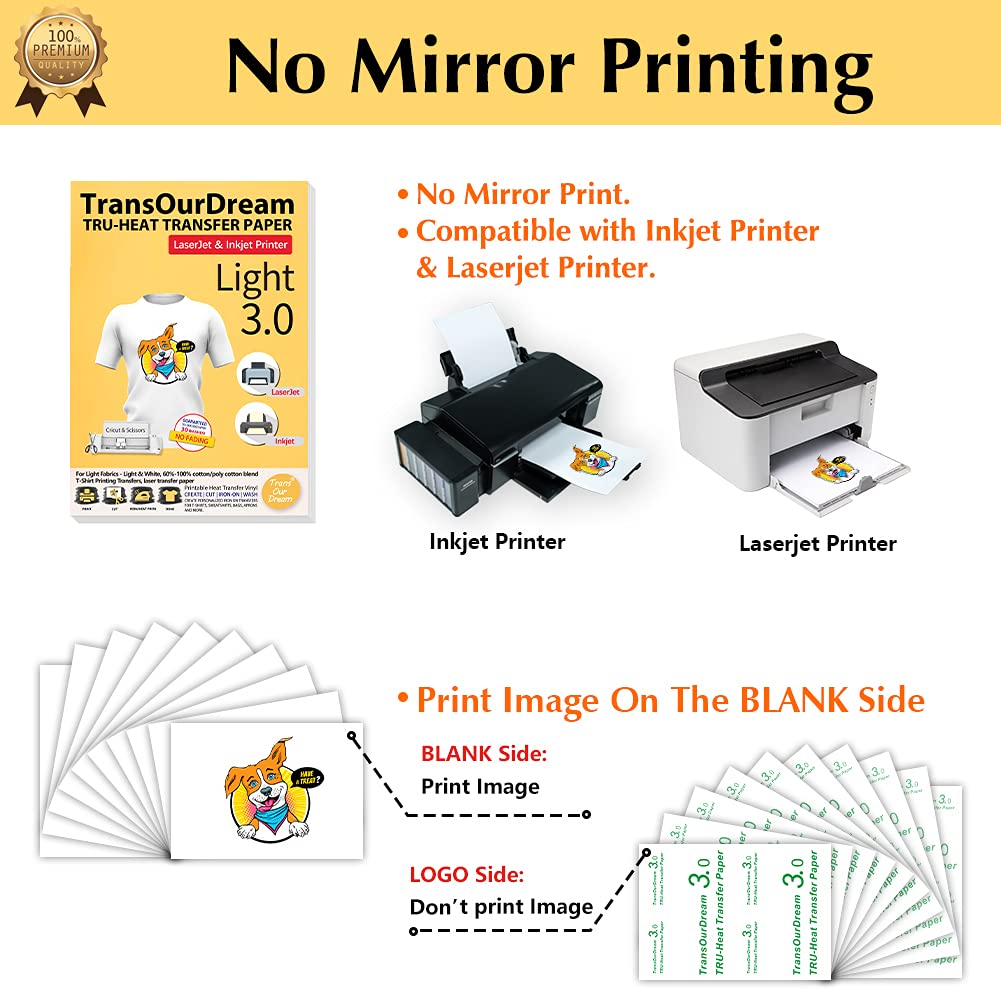 TransOurDream Iron on Heat Transfer Paper for Light T Shirts (20 Sheets 8.5x11", 3.0) Printable HTV Heat Transfer Vinyl for Inkjet & Laserjet Printer Iron On transfers for T Shirts (TRANS-L3-1-20)