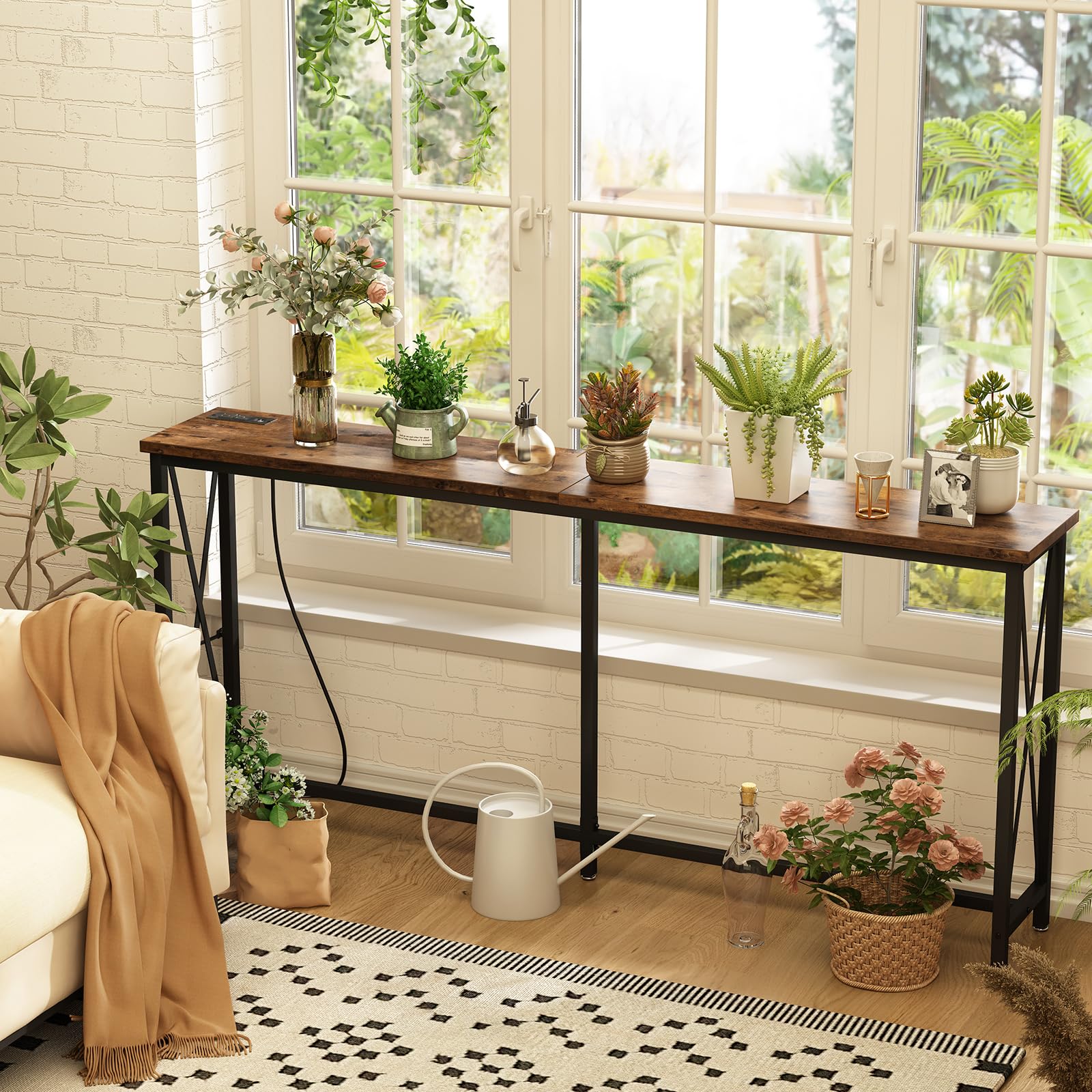 SUPERJARE 70.9 Inch Console Table with 2 Outlet and 2 USB Ports, Extra Long Entryway Table with Metal Frame and X-Shaped Design, Narrow Sofa Table for Living Room and Hallway - Vintage Brown
