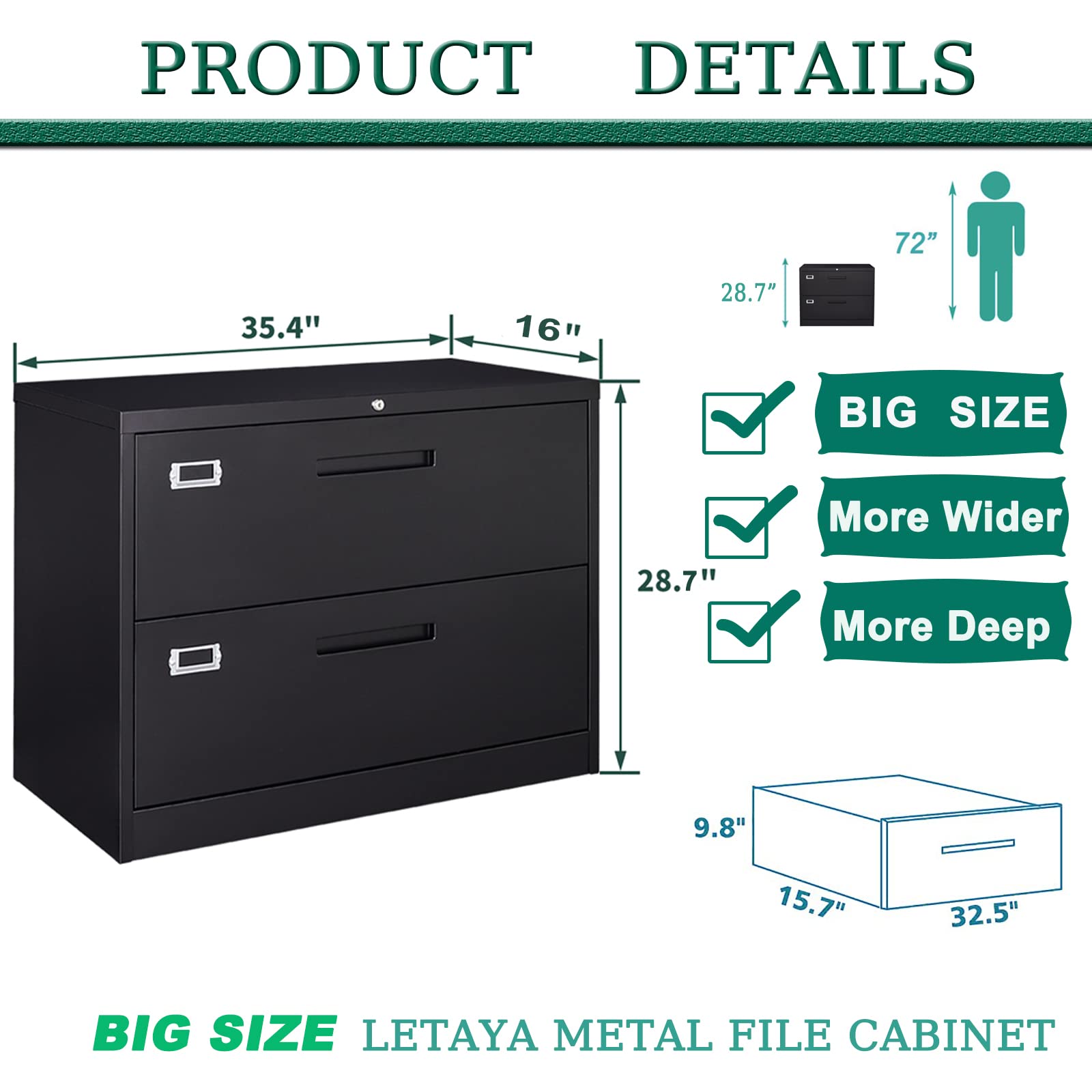 Letaya File Cabinets,2 Drawer Metal Lateral Filing Organization Cabinets with Lock,Home Office for Hanging Files Letter/Legal/F4/A4 Size(2 Drawer-Black)
