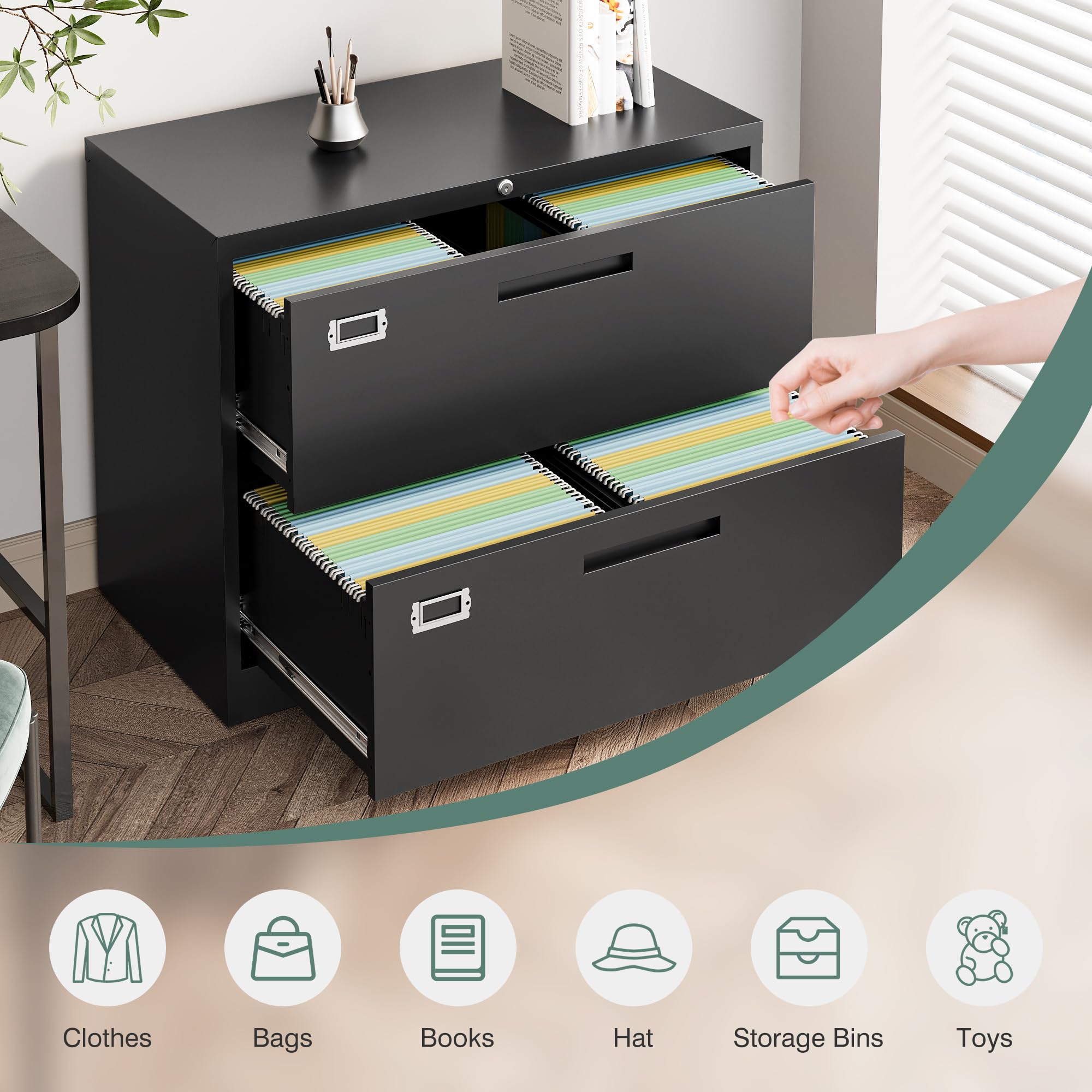 Letaya File Cabinets,2 Drawer Metal Lateral Filing Organization Cabinets with Lock,Home Office for Hanging Files Letter/Legal/F4/A4 Size(2 Drawer-Black)