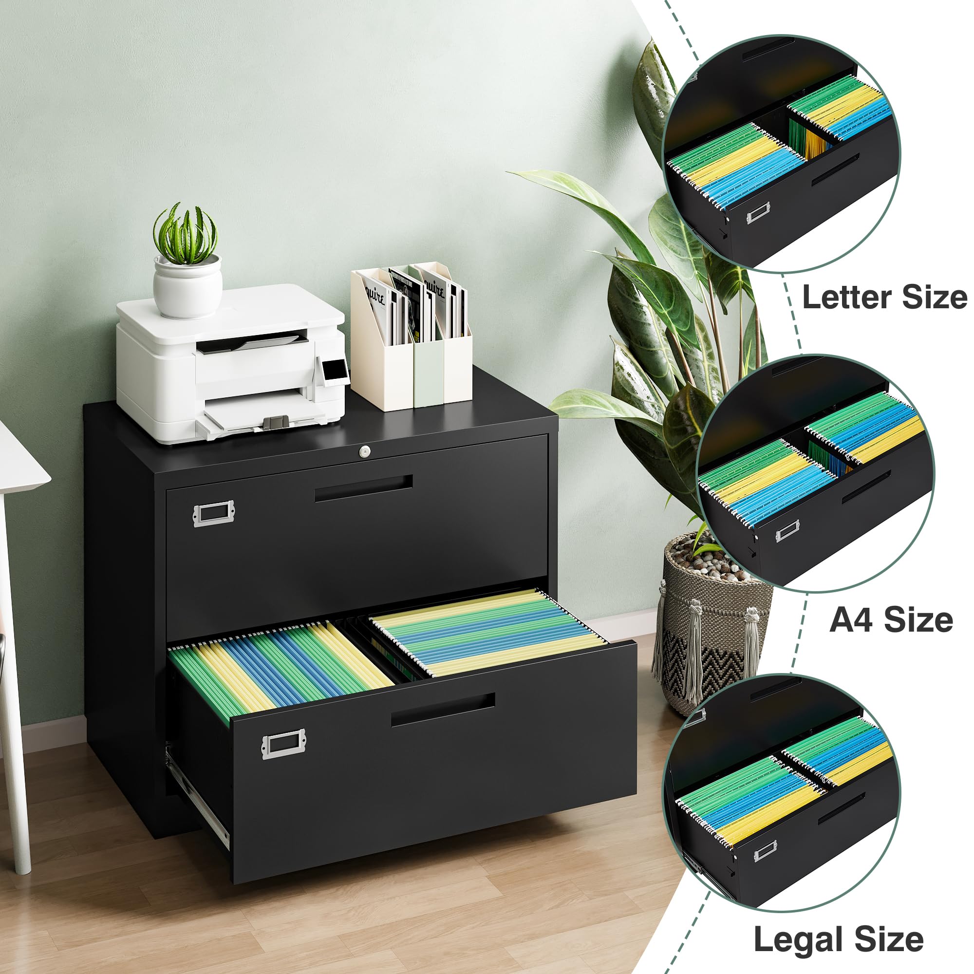 Letaya File Cabinets,2 Drawer Metal Lateral Filing Organization Cabinets with Lock,Home Office for Hanging Files Letter/Legal/F4/A4 Size(2 Drawer-Black)