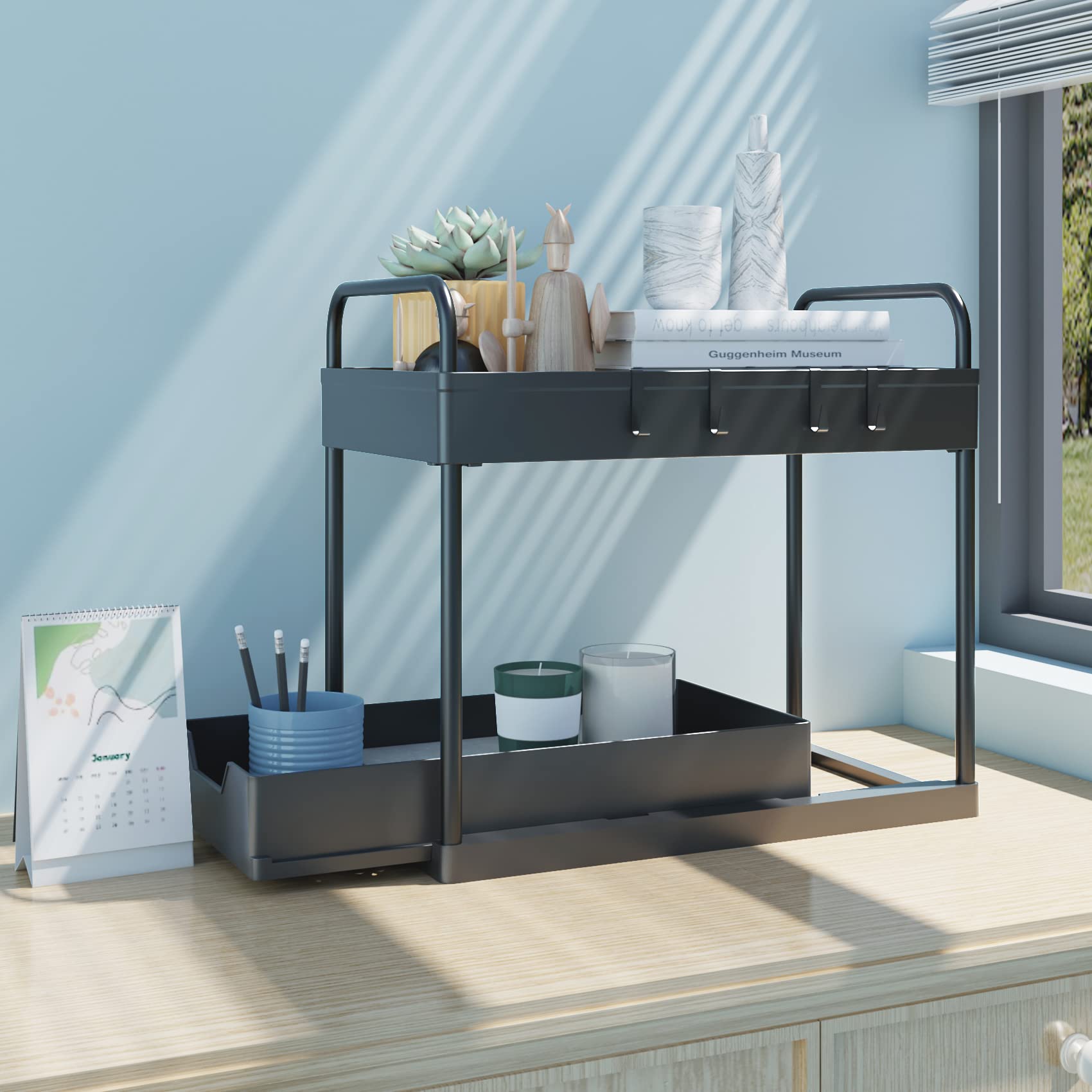 EWQKPEL 2 Tier Under Sink Organizers and Storage, Sliding Drawer Bathroom Kitchen Sink Organizer with 4 Hooks 2 Handles, Multi-purpose Under Cabinet Shelf, Bath Collection Basket