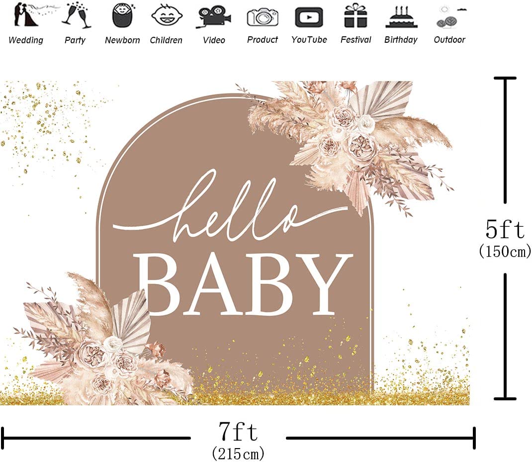 Hilioens 7×5ft Boho Baby Shower Backdrop Hello Baby Boho Pampas Floral Girl Baby Shower Background Oh Baby Gold Dots Newborn Pregnant Announcemen Surprise Party Banner Decorations Supplies