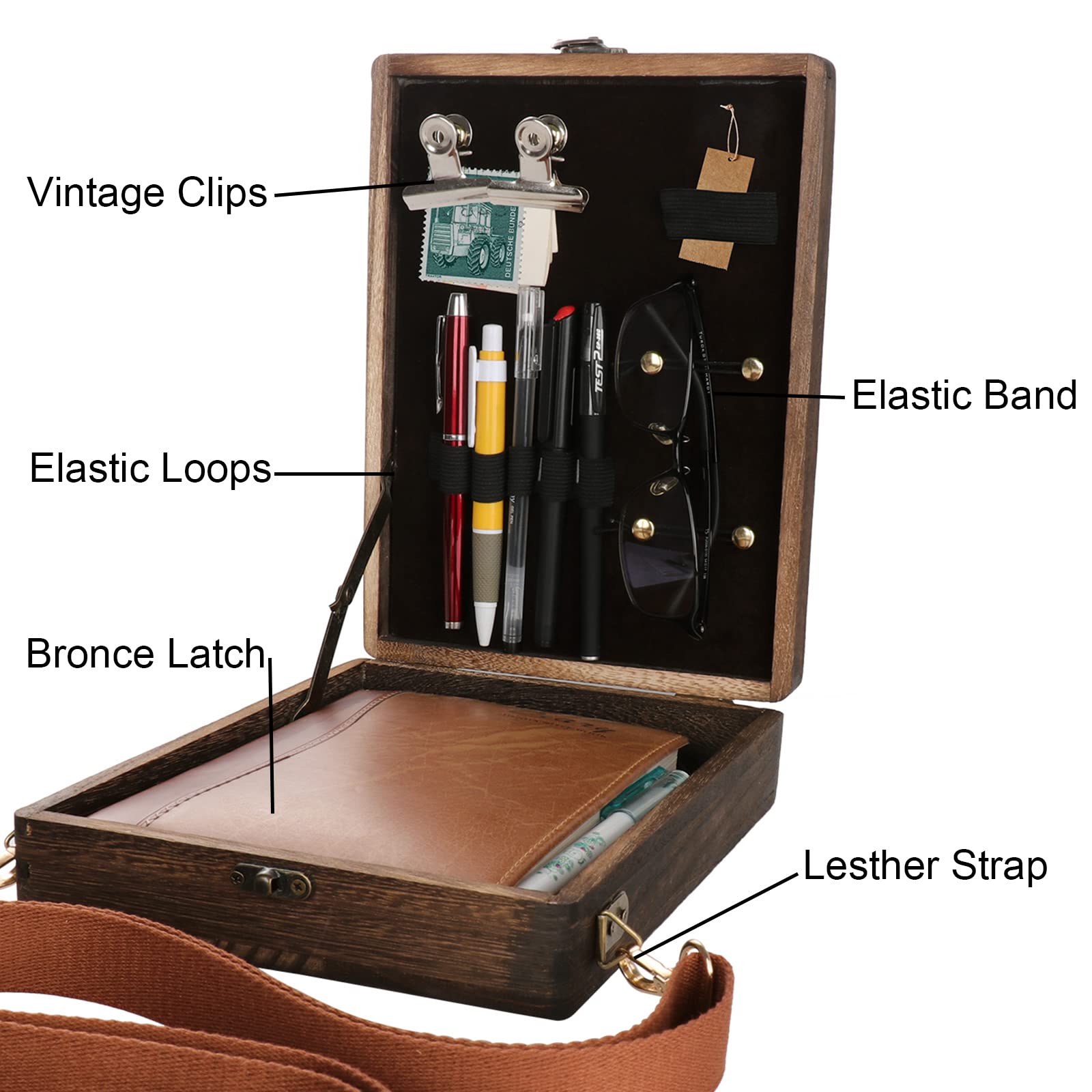 Garhelper Writers Messenger Wood Box,Multi-Function Artist Tool & Brush Storage Box,Retro Walnut Wooden Craft Portable Crossbody Postman Bag with Locking Clasp for creatives architects,Sketcher,Writer